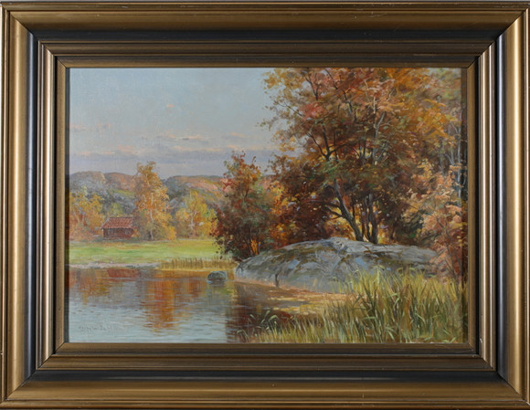 ANSHELM DAHL (1897-1964). Olja på duk, stuga vid insjö i höstlandskap ...