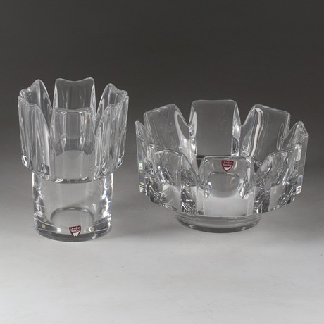 VASE and BOWL, 2 pieces of glass, Lars Hellsten, "Corona", Orrefors ...