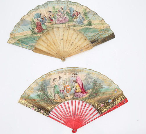 Elizabethan fan with horn sticks and Napoleon III fan with stained bone ...