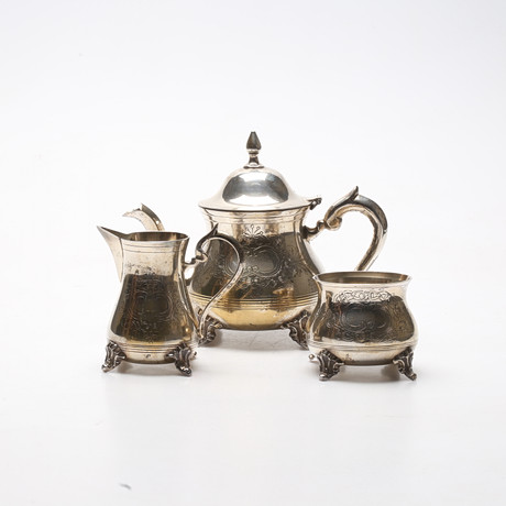 TEA SET, 3 parts, white metal, 20th century. Silver & Metals - Silver ...