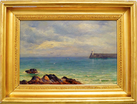 OIDENTIFIERAD KONSTNÄR SIGN. Küstenlandschaft mit Leuchtturm, Öl auf ...