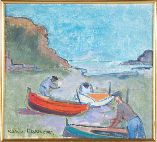 KARIN PARROW. Fiskare vid kusten, signerad Karon Parrow, olja på duk ...