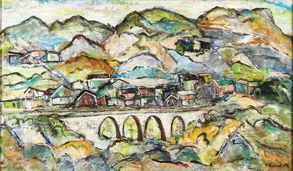 EDUARD OLE. landscape with village by bridge, oil on Board, signed. Art ...