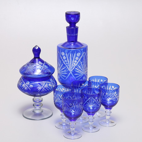 GLASSWARE, 8 pieces, blue tinted crystal, Romania. Glass - Utility ...