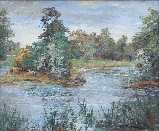 OIDENTIFIERAD KONSTNÄR. Lake landscape, oil on Board, signed H ...