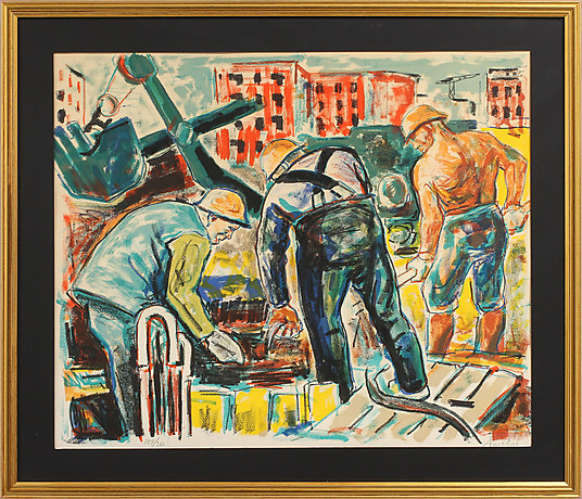 ALBIN AMELIN (1902-1975). Arbetare, färglitografi, signerad och ...