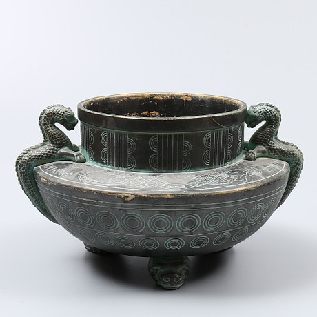BOWL / LINING, ceramics, decoration of runes and mythical animals, 20th ...