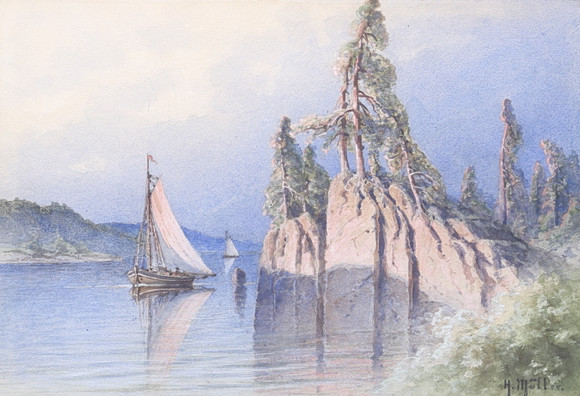 HERMAN MÜLLER (1840-1919). Segelbåtar i skärgård. Akvarell, signerad ...
