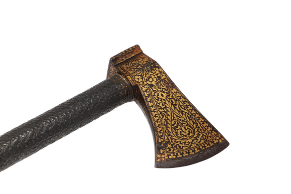 A DECORATIVE 'TARBARZIN' PERSIAN SADDLE AXE WITH GILT DECORATED HEAD ...