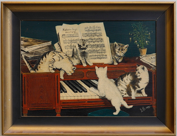 Unknown artist. "Cats on piano" Oil on Board, signed and dated 1931 ...