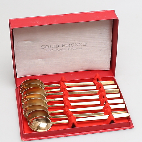 BESTICK, dessert-/glasskedar i brons, 6+2 st, Thailand, kommer i etui ...