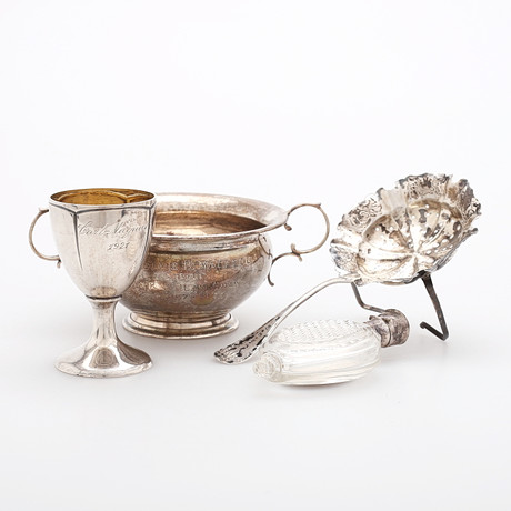 BOWL, EGG CUP, FRAGRANCE BOTTLE, TEASILE, silver, weight 184 grams ...