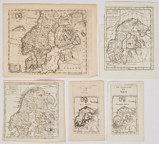 KARTOR, 5 st, över SKANDINAVIEN, bl.a. Mallet och Vaugondy, 1700-tal ...