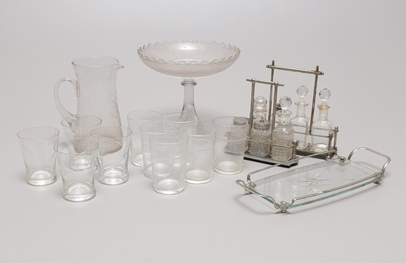 GLASS OBJECTS, 15 pcs, incl. spice rack, 1900s. Glass - Utility glass ...