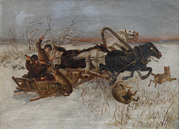 SLEIGE WITH THREE OF HORSES ATTACKED BY WOLVES. Art - Paintings - Auctionet