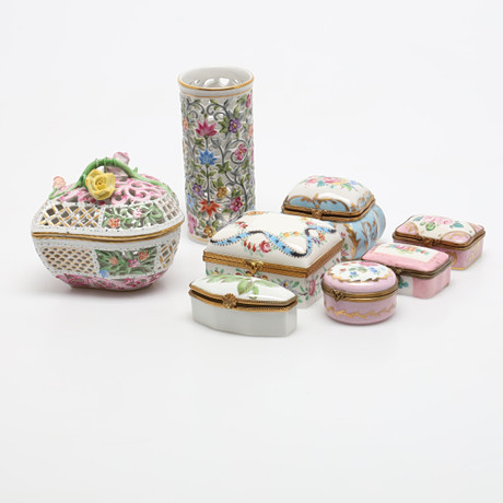 DÄSTEN., VASE, Deckel, 8 Teile, Porzellan, darunter Herend und Porcelaine de Paris, Pillivuyt ...