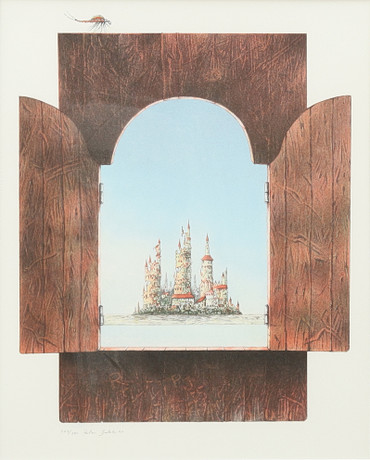 PETER JAKOBY ( FÖDD 1941). Utsikt genom fönsterluckor, litografi nr 267 ...