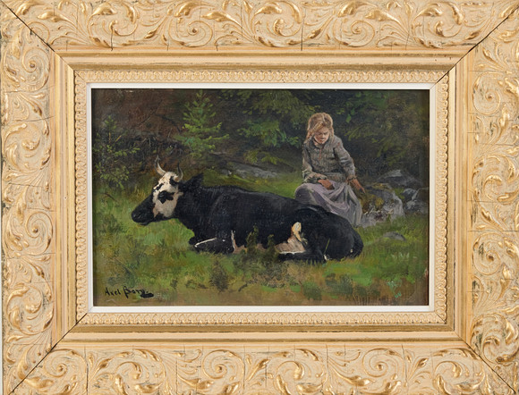 AXEL BORG (1847-1916). Girl with cow, oil on Board, signed Axel Borg ...