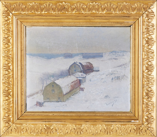 JOHN KINDBORG (1861-1907). Winter landscape with houses, oil on canvas ...