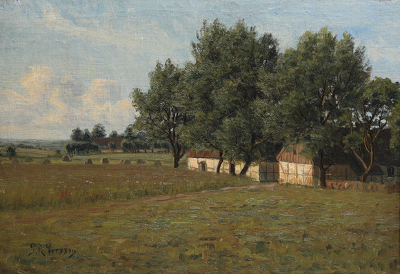 PETER ADOLF PERSSON (1862-1914). Landskapsmotiv med gård, olja på duk ...