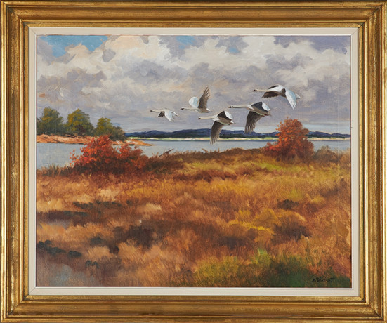 BERTIL WIDBRANDT. Sträckande svanar, signerad, olja på duk. Konst ...