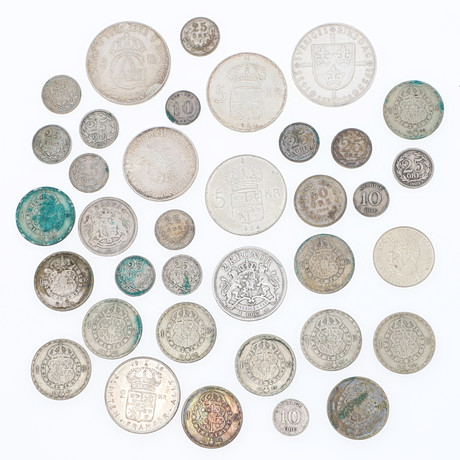 COIN, silver, Swedish, 10/25/50 öre and 1 kr, 2 kr, 5 kr, 10 kr, 1875 ...