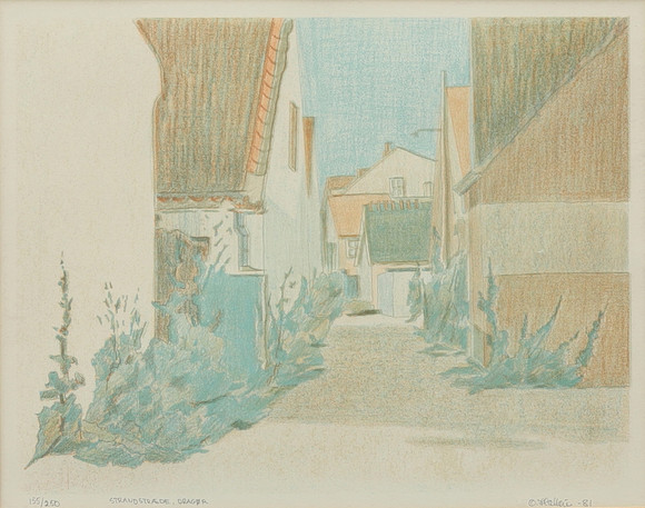 OLLE HALLÉN (1918-1995). Strandstræde in Dragør, color lithograph ...