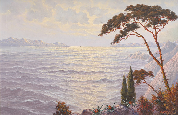 ÉDOUARD MANDON (FRENCH, 1885-1977). EN VY ÖVER DEN FRANSKA RIVIERAN ...