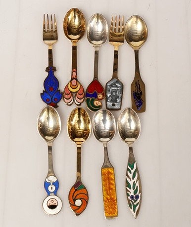 EARLY SPOONS AND FORKS, Enameled Sterling Silver, A Michelsen, Denmark ...