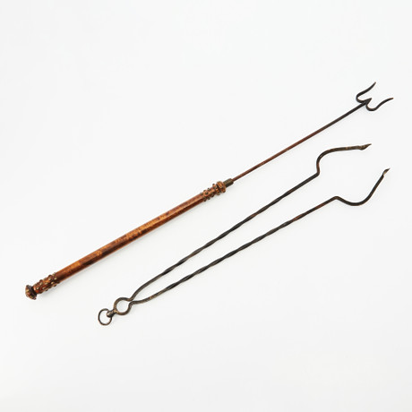 FIRE FORK, birch handle with decorative nails, FIRE TOG, wrought iron ...