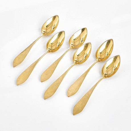 DESSERTSKEDAR/TESKEDAR, förgyllt silver, 6 st, Polen 1800-tal, slät ...