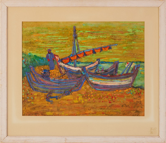 EVERT LINDFORS. Barcos de pesca, técnica mixta sobre papel, firmada al ...