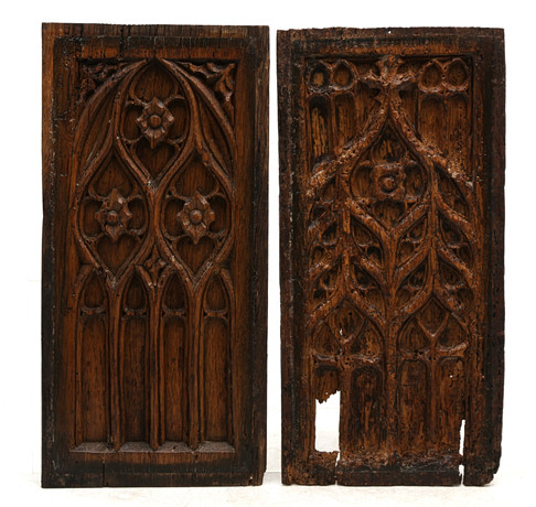 Two Gothic panels with carved oak tracery, lae 15th Century-early decades of the 16th Century ...