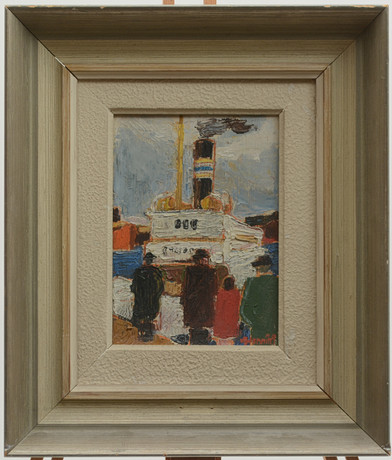 WILHELM HENNING. The Styrsö boat docks at the stone pier. Oil on Board ...