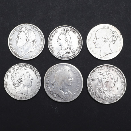 EN WILLIAM III KRONA, BANK OF ENGLAND DOLLAR OCH FYRA ANDRA. Mynt ...