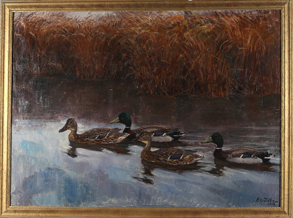 NILS TIRÉN. Duck in reeds, oil on canvas, signed and dated 1913. Art ...