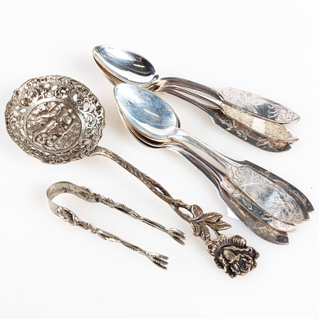 SILVER OBJECTS, 12 parts including tongs, coffee spoons, 178.06 g ...