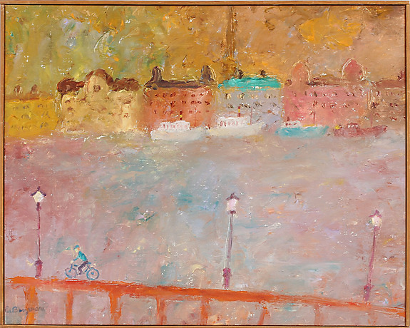 PER BERGMAN. "Konsten att cykla på en röd bro", olja på duk, signerad ...