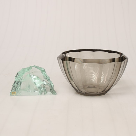 BOWL smoked glass Strömbergshyttan and GLASS BLOCK Vicke Lindstrand ...