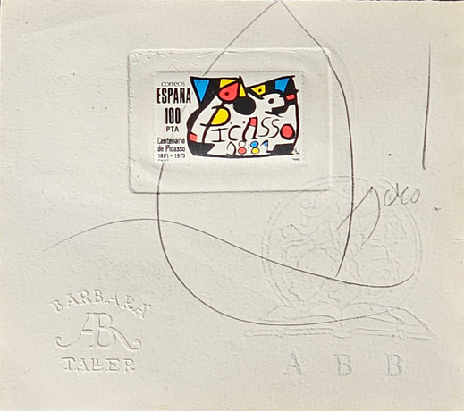 JOAN MIRÓ. STAMP TRIBUTE TO PICASSO, 1981. EMBOSSED ENGRAVING ON PAPER ...