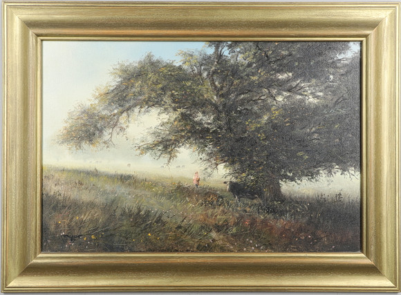 TED DYER (B.1940). A GIRL WITH A COW BY A TREE. Art - Paintings - Auctionet