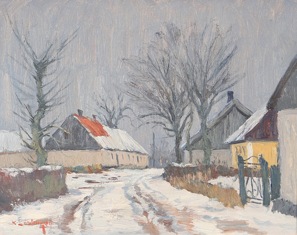 KARL LUNDBORG. Winter road with houses, oil on canvas, signed K ...