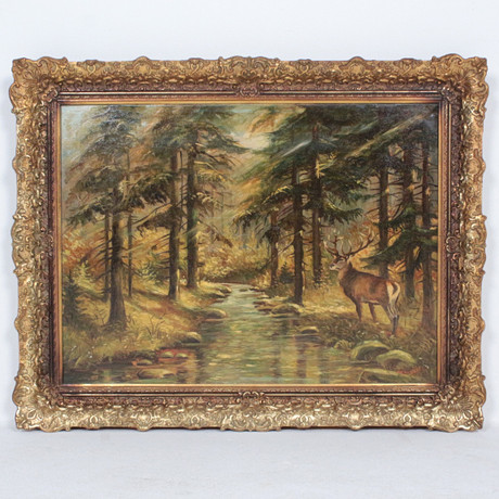 Unknown artist. 'Hirsch am Bachlauf', oil on canvas, signed. Art ...