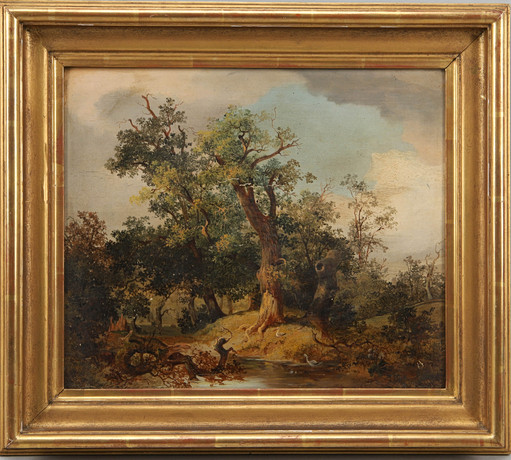 JOSEF BRUNNER (TYSKLAND 1826-1893). Landskap med träd, olja på pannå ...