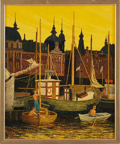 SVEN AHLGREN (1922-1997). Sommarkväll, Strandvägen, olja på pannå, signerad Ahlgren. Konst ...