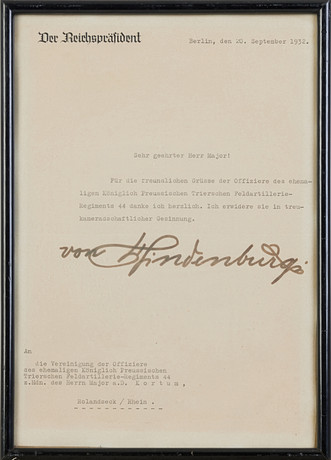 AUTOGRAPH, Paul von Hindenburg, Reichspräsident German President. 12 ...