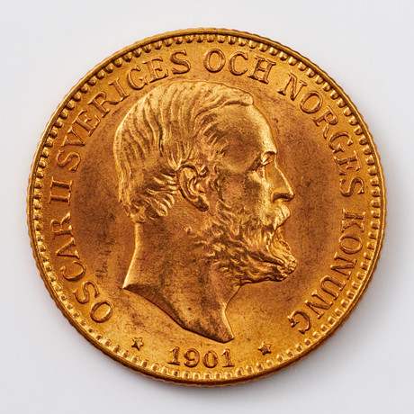 MYNT, 21,6 k guld, 10 kr, Oscar II, Sveriges och Norges konung, 1901 ...