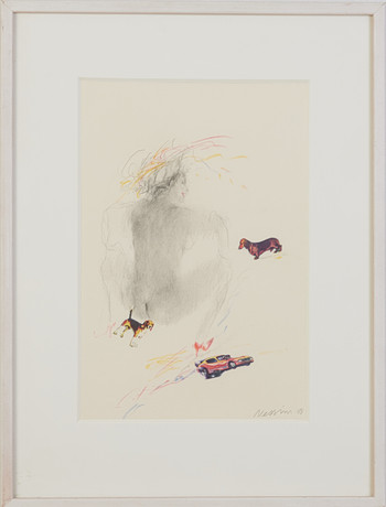 SUZANNE NESSIM (1944). Sittande, med hund, blyerts/ collage signerad ...