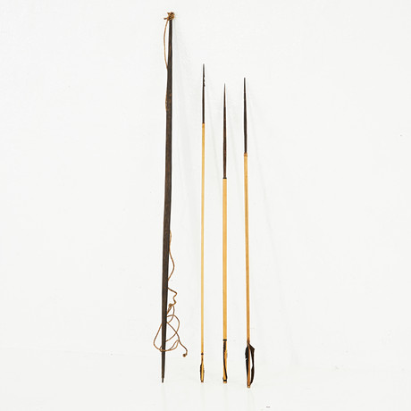 BOW, HUNTING ARROWS, 3 pcs, 1950s, probably Xavante, Amazonas, Brazil ...