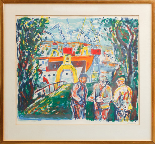 ALBIN AMELIN. Hamnarbetare, färglitografi, signerad och numrerad 274/ ...